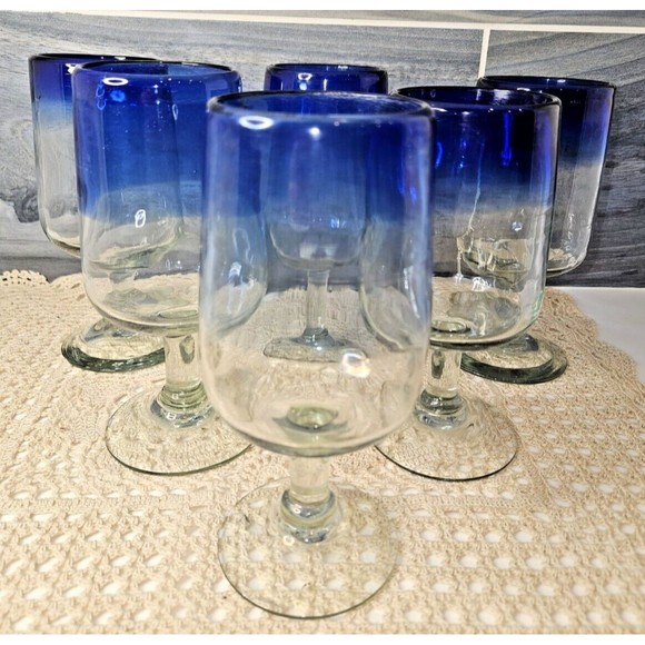 Handmade | Dining | Set Of 6 Mexican Hand Blown Cobalt Blue Rim Goblets ...